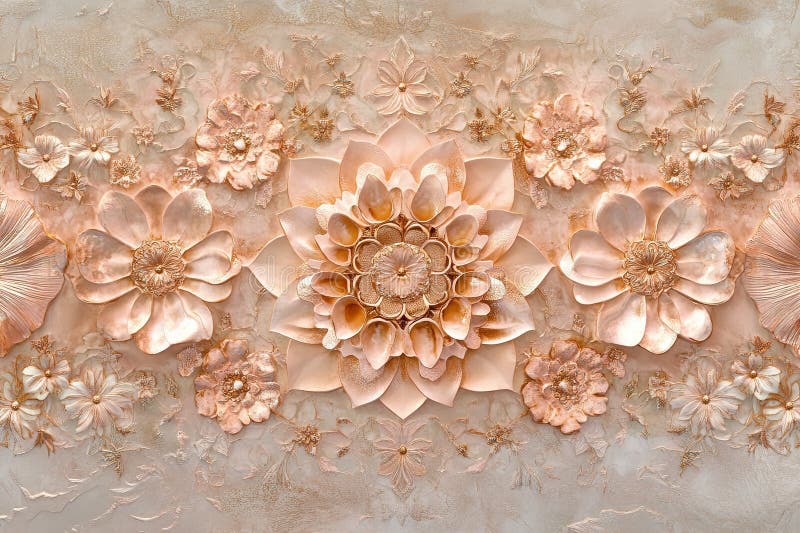 Volumetric Stucco Panel of Floral Mandalas in Rose Gold. Art Stock ...