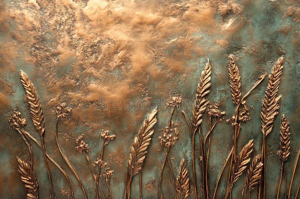 Volumetric Stucco Panel of Grass Fields in Frosted Copper. Art Stock ...