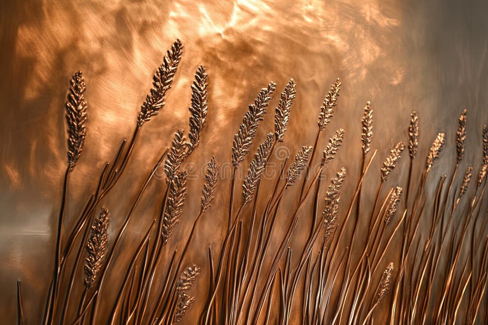 Volumetric Stucco Panel of Grass Fields in Polished Copper. Art Stock ...