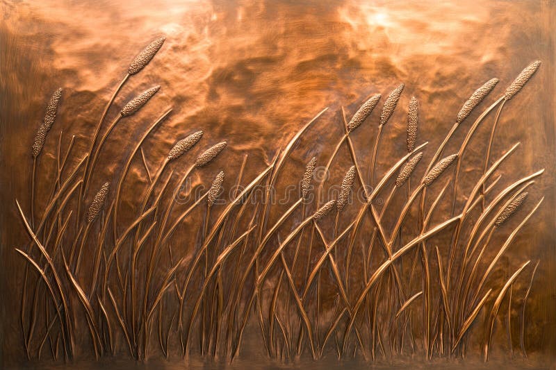 Volumetric Stucco Panel of Grass Fields in Polished Copper. Art Stock ...