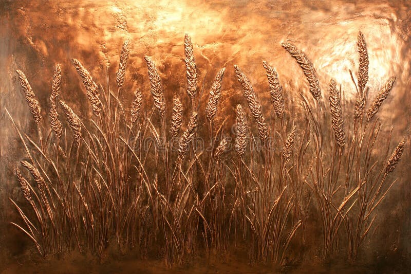 Volumetric Stucco Panel of Grass Fields in Polished Copper. Art Stock ...