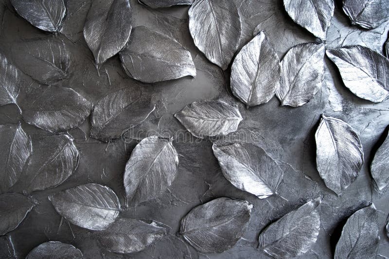 Volumetric Stucco Panel of Leaf Imprints in Frosted Silver. Art Stock ...