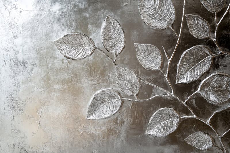Volumetric Stucco Panel of Leaf Imprints in Frosted Silver. Art Stock ...