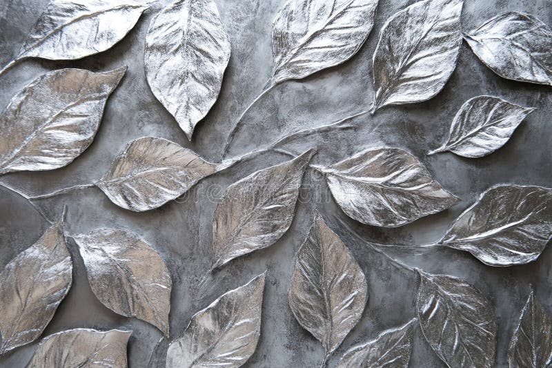 Volumetric Stucco Panel of Leaf Imprints in Frosted Silver. Art Stock ...