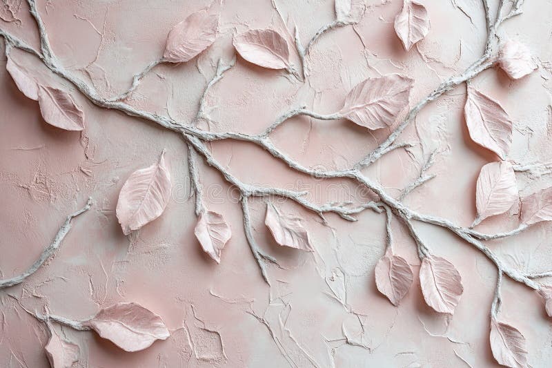 Volumetric Stucco Panel of Leaves and Twigs in Rose Quartz. Art Stock ...