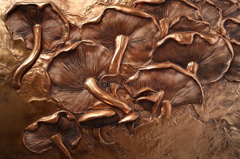 Volumetric Stucco Panel of Mushrooms in Polished Copper. Art Stock ...