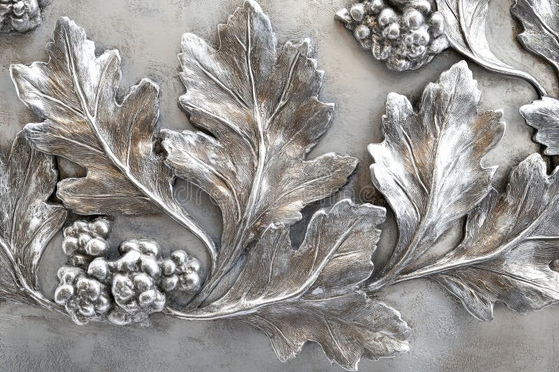Volumetric Stucco Panel of Oak Leaves in Silver. Art Stock Image ...
