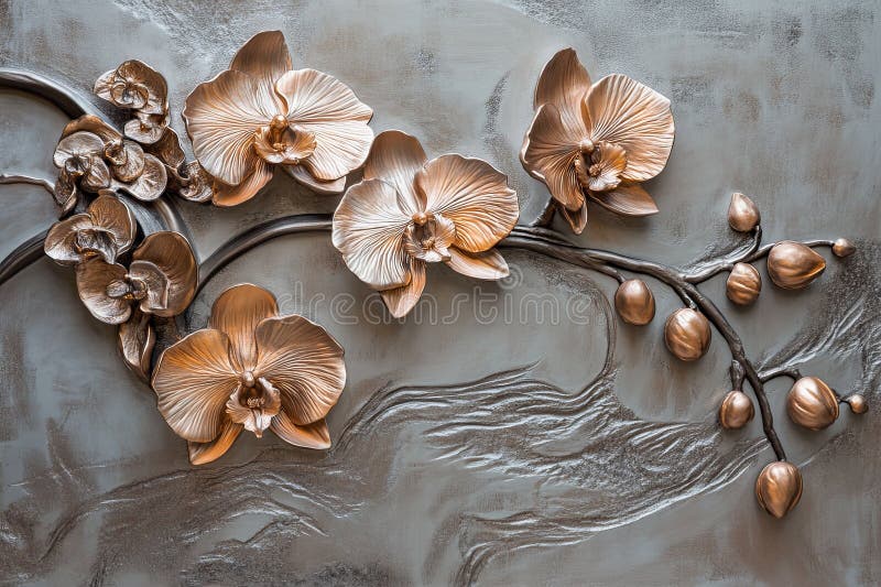 Volumetric Stucco Panel of Orchids in Rose Gold: Exotic Orchids Stock ...