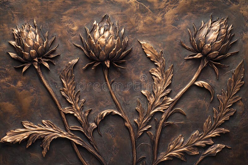Volumetric Stucco Panel of Thistles in Aged Copper: Bold Thistles Stock ...