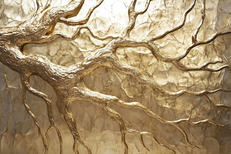 Volumetric Stucco Panel of Tree Roots in Polished Brass. Art Stock ...