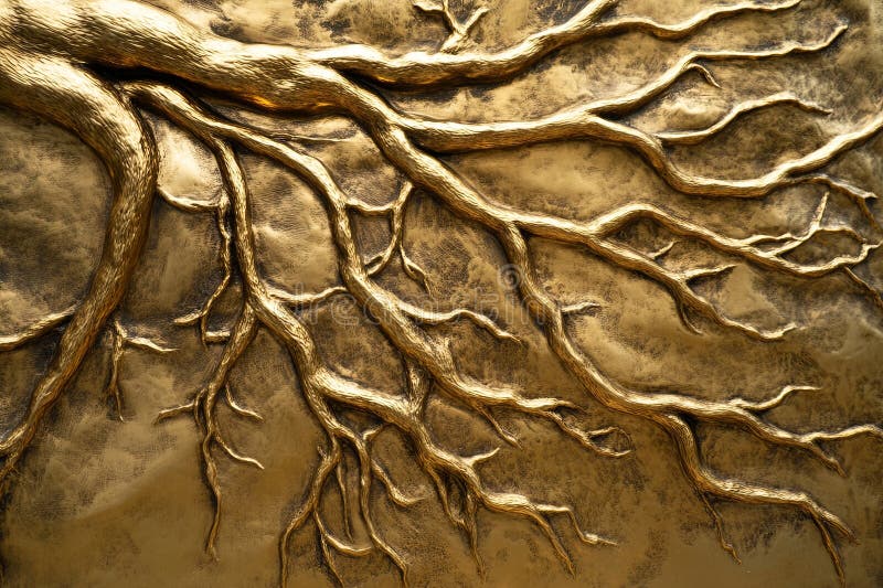 Volumetric Stucco Panel of Tree Roots in Polished Brass. Art Stock ...