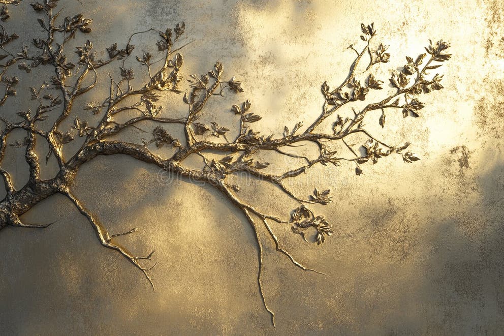 Volumetric Stucco Panel of Tree Shadows in Antique Gold. Art Stock ...