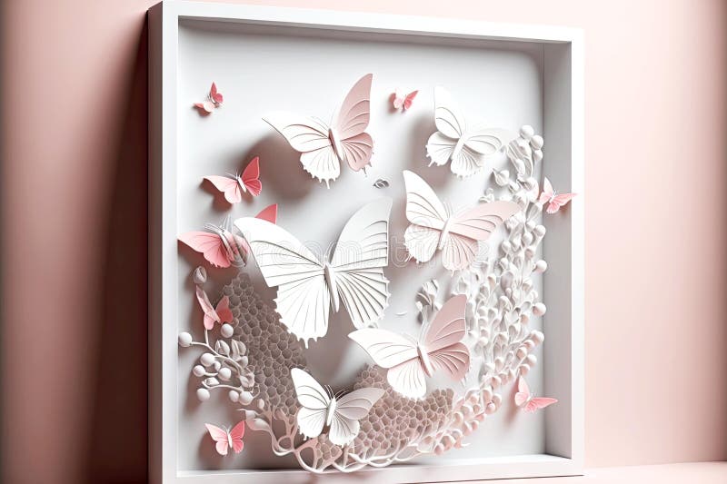 Volumetric White Panel with Butterflies and Pink 3d Rendering Paper ...