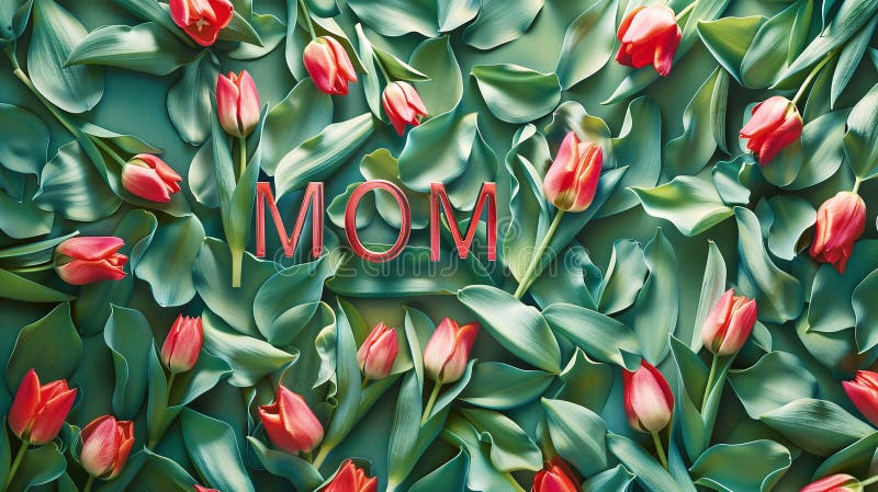 Voluminous Word Mom Written On A Lettuce Background With Tulips
