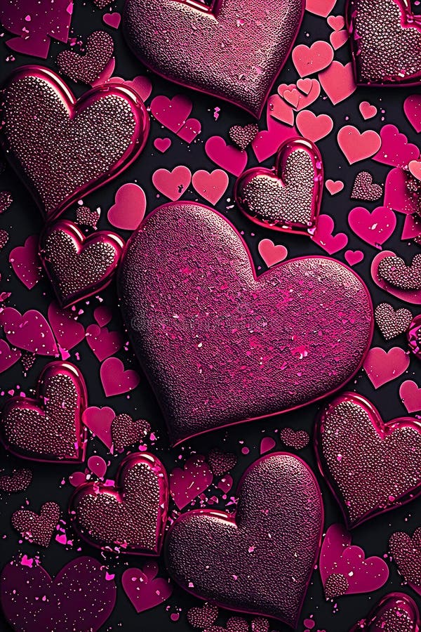 Voluminous Pink Hearts on a Black Background. Generated by AI Stock ...