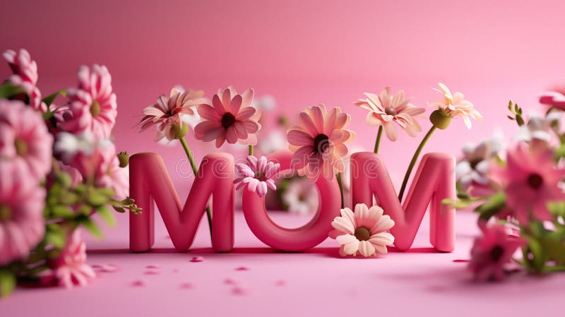 Voluminous Word Mom Written On A Pink Background With Flowers Mother
