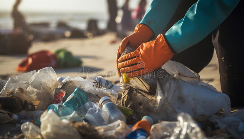 A Volunteer Cleaning Up Plastic Pollution on the Beach. Stock ...
