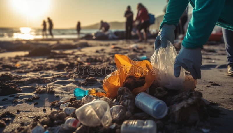 A Volunteer Cleaning Up Plastic Pollution on the Beach. Stock ...