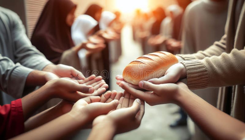 Volunteer Hands Extend Bread, Donate, Help Hungry People in Need. a ...