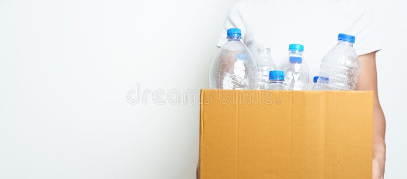 Volunteer Keep Plastic Bottle into Paper Box at Home or Office. Hand ...