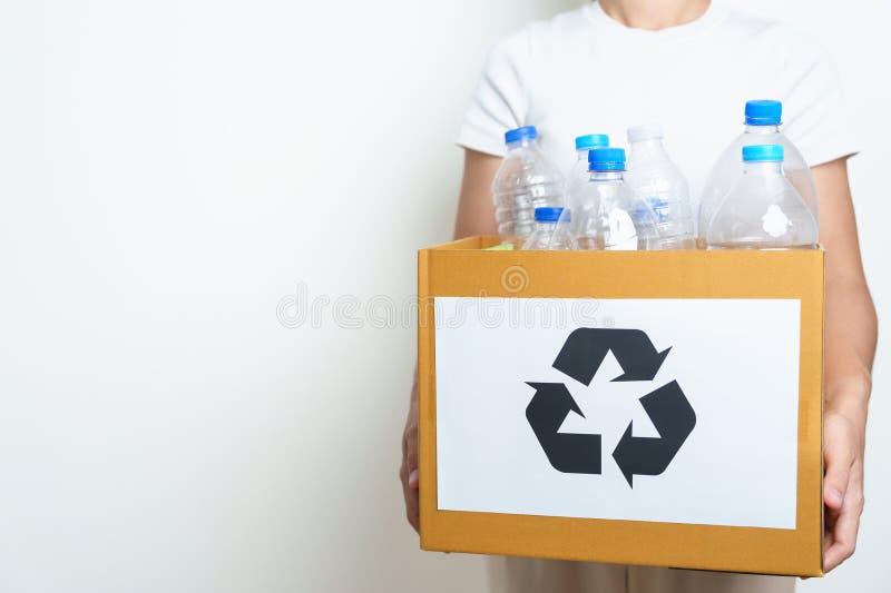 Volunteer Keep Plastic Bottle into Paper Box at Home or Office. Hand ...
