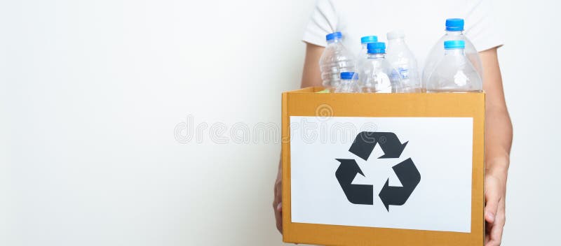Volunteer Keep Plastic Bottle into Paper Box at Home or Office. Hand ...