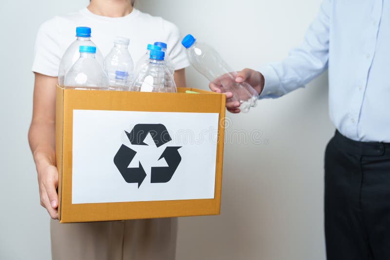 Volunteer Keep Plastic Bottle into Paper Box at Home or Office. Hand ...