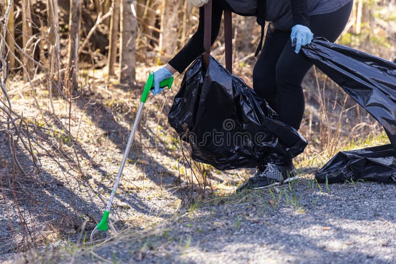 Volunteer Picking Up Trash in the Forest with a Grabber Tool Stock ...