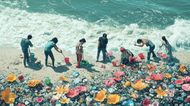 Volunteers Cleaning Plastic Waste on Polluted Beach Stock Illustration - Illustration of litter ...