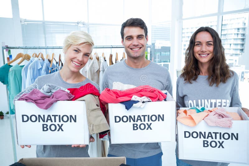Volunteers Friends Holding Donation Boxes Stock Image - Image of donate ...