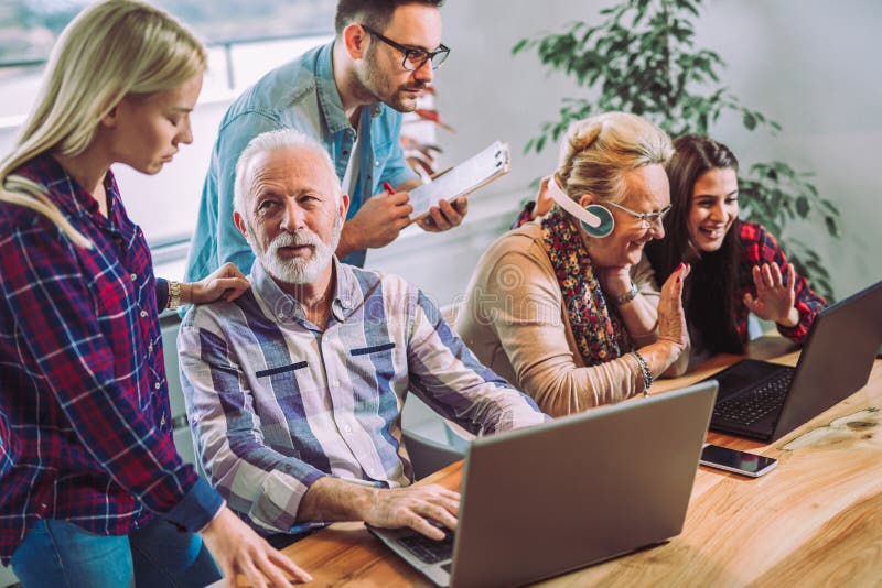 Volunteers Help Senior People on the Computer Stock Image - Image of ...