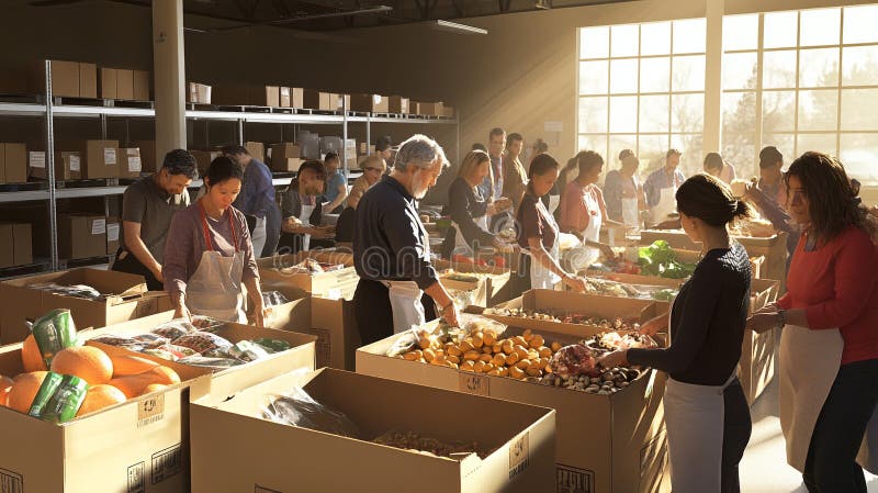 Volunteers Sorting Food Donations in Warehouse Stock Image - Image of ...