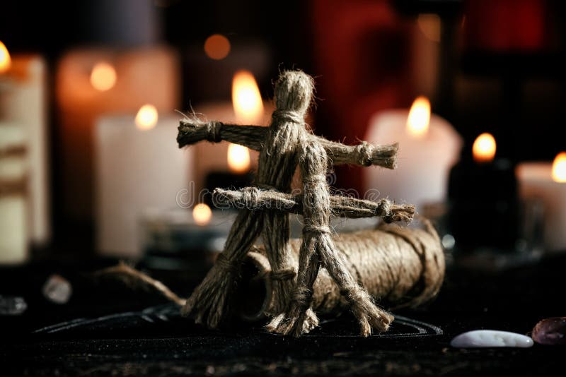 Voodoo Dolls on Table in Dark Room. Curse Ceremony Stock Image - Image ...