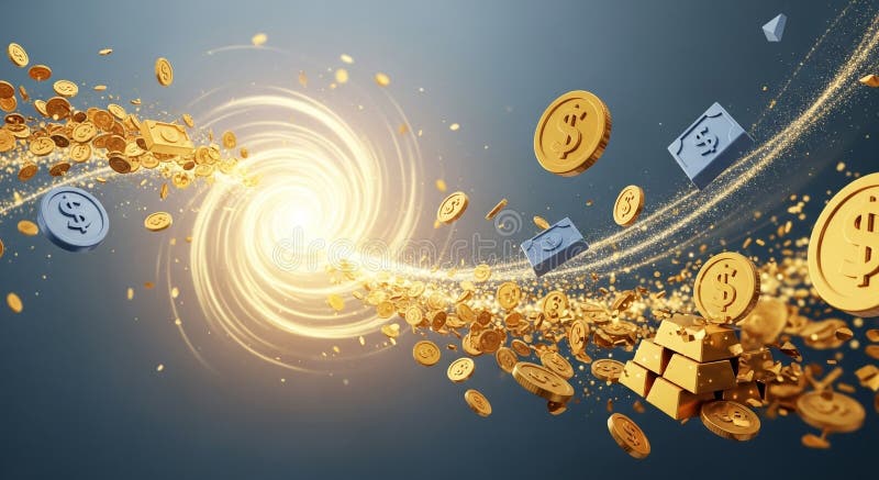 A Vortex of Gold Coins and Bars with Dollar Signs Against a Dark Blue ...