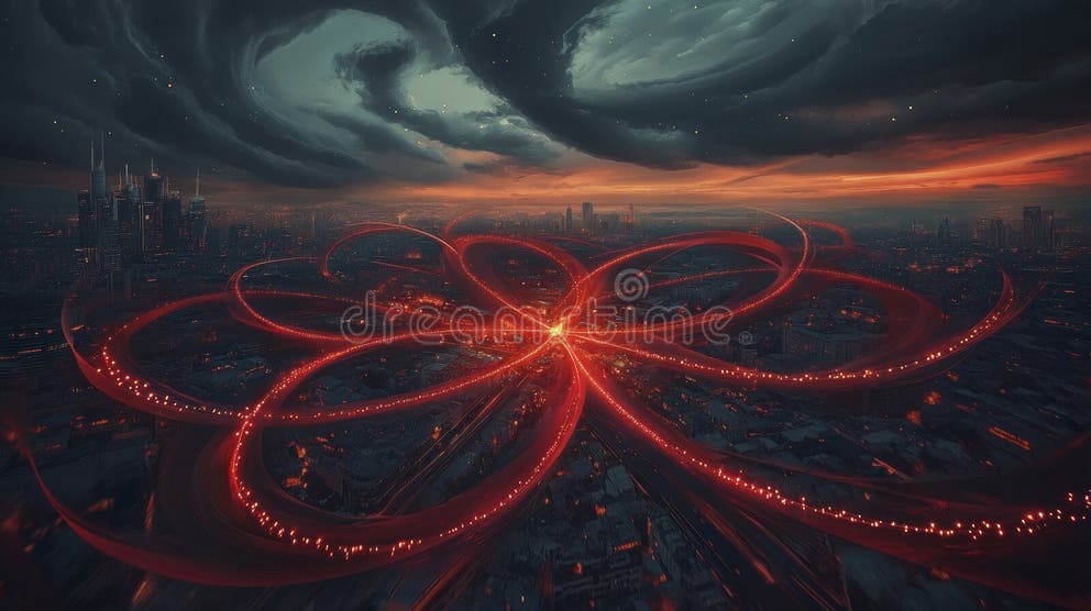 Vortex of Red Light Enveloping a Modern City Skyline Stock Illustration ...