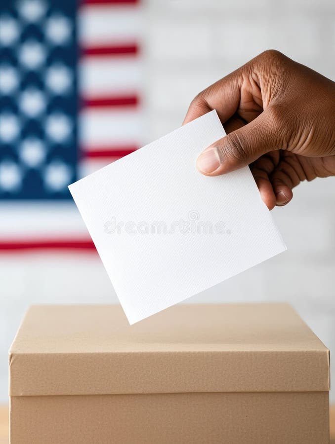 Voter Placing Ballot into Election Box with American Flag Backdrop ...