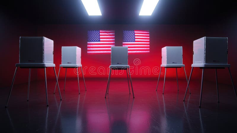 Voting Booths Illuminated Against Red Backdrop with American Flags ...