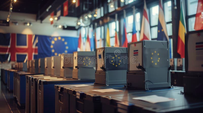 Voting Machines Lined Up in Front of Various Flags in an Election ...