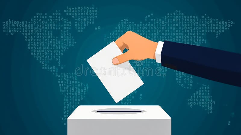 Voting Process with a Hand Casting a Ballot into a Box Against a Global ...