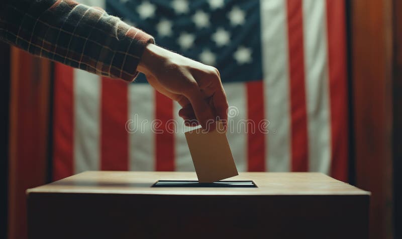 Voting Process, Hand Casting Ballot into Box, American Flag Backdrop ...