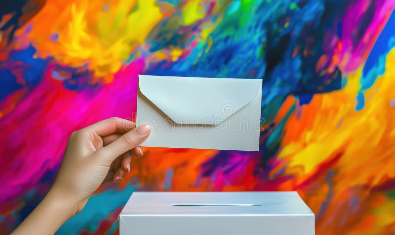 Voting Process with Hand Holding Envelope in Front of Colorful Abstract ...