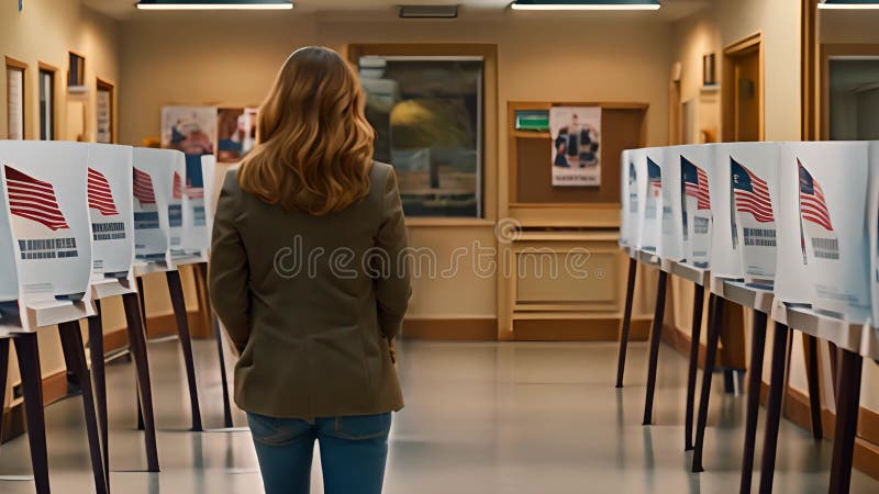 Voting Scene: Young Woman Engages in the Democratic Process, Back View ...