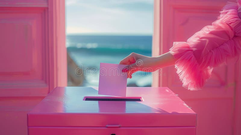 Voting by the Sea in a Pink Booth, Casting a Ballot. Democratic Process ...