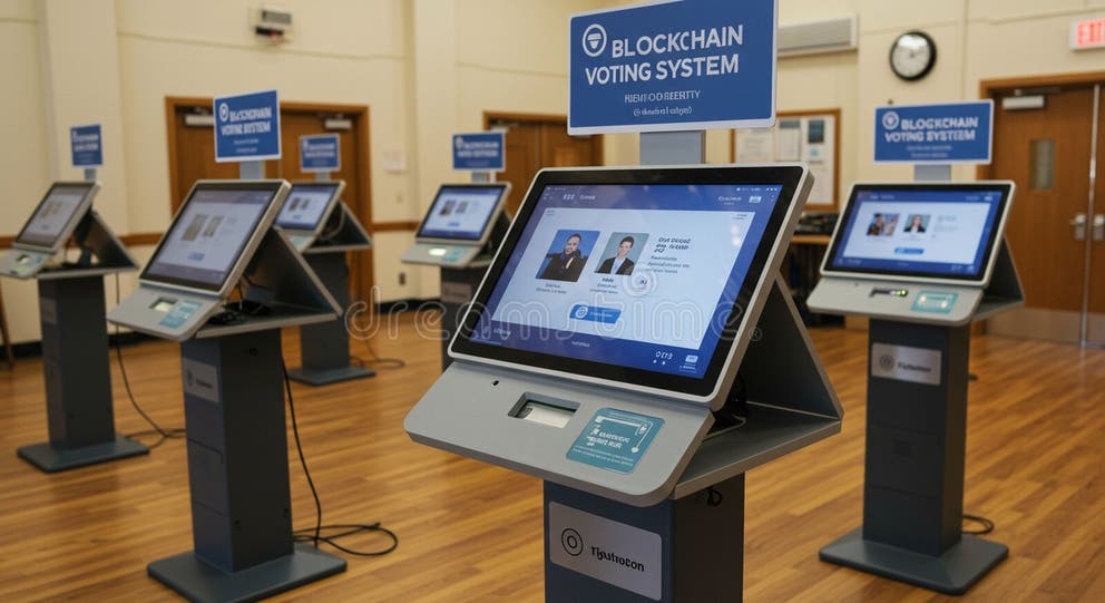 Voting Station Featuring Multiple Touchscreen Devices Labeled ...