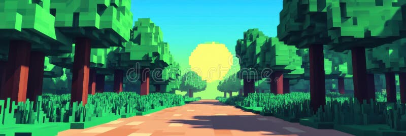 Voxel Art Forest Scene with Sun and Trees on Grassy Pathway in Daylight ...
