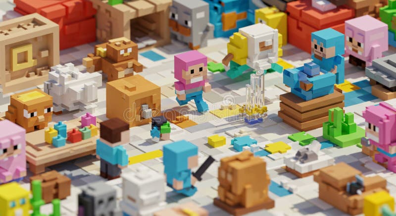 Voxel World: 3D Render of Blocky Characters and Objects Stock Photo ...