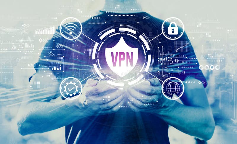 VPN Concept with Man Holding Smartphone Stock Image - Image of building ...