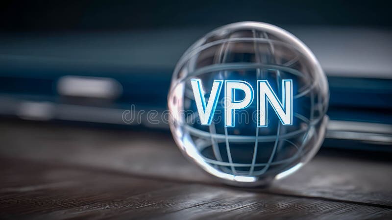 VPN Globe Icon with Illuminated Text on Wooden Surface Representing ...