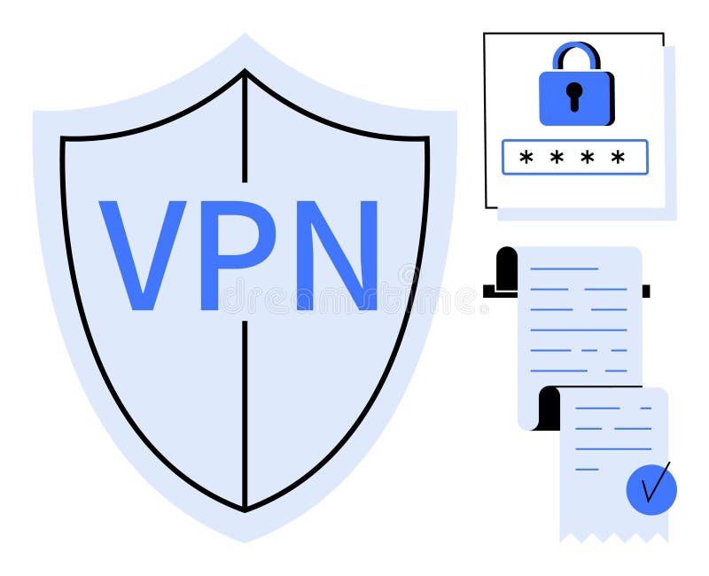 VPN Security Concept with Shield and Data Protection Elements Stock ...
