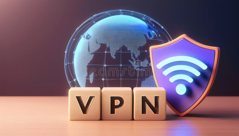 VPN Symbol with Globe and Shield on a Wooden Surface Digital Security ...